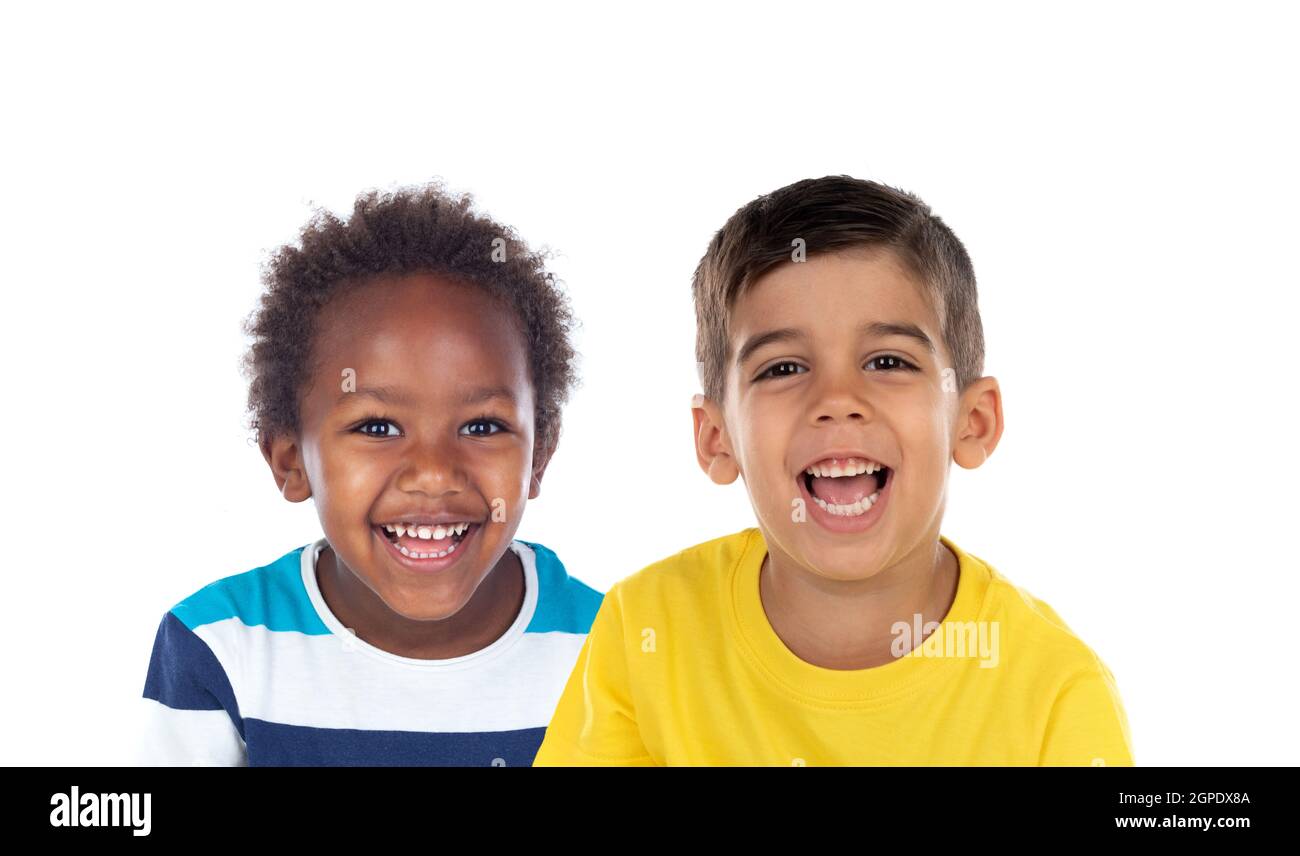 Two funny children playing isolated on a white background Stock Photo ...