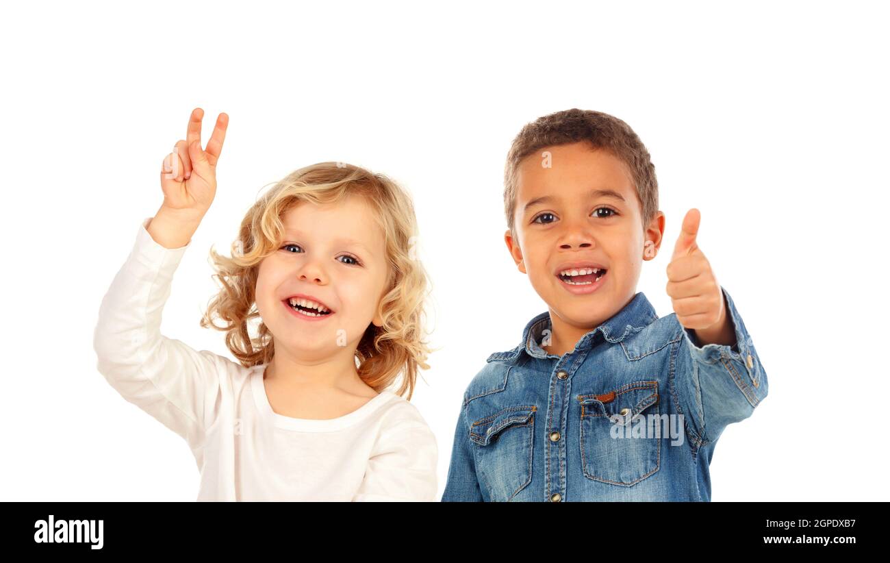 Happy children saying Ok and looking at camera isolated on a white ...