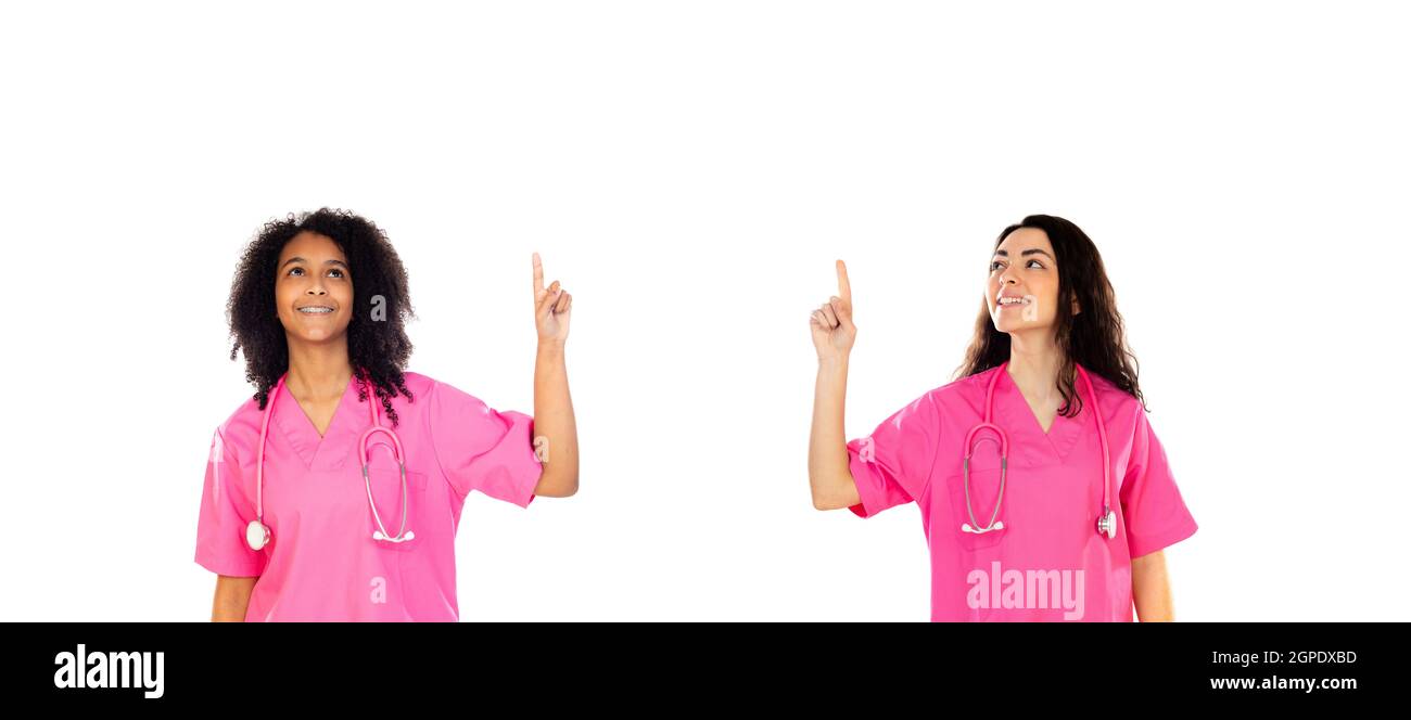 Two young student doctors isolated on a white background Stock Photo ...