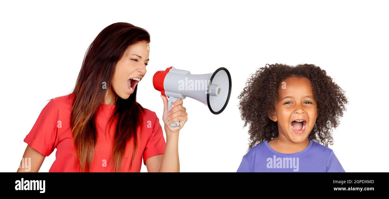 Teacher shouting at funny african girl isolated on a white background ...