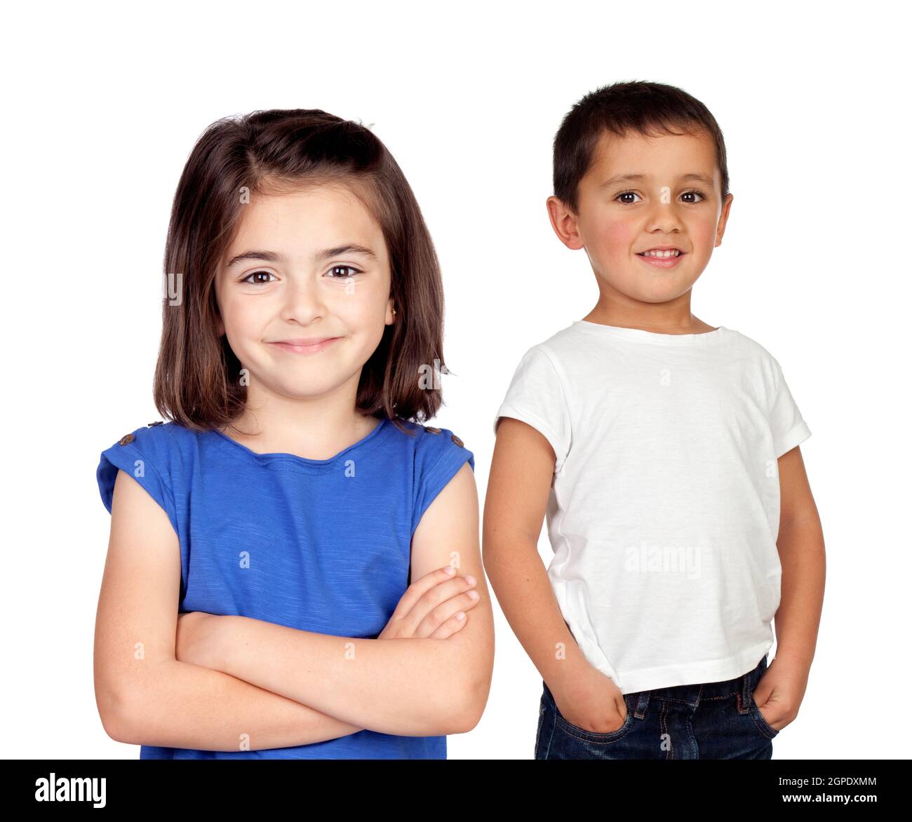 Two happy children isolated on a white background Stock Photo - Alamy