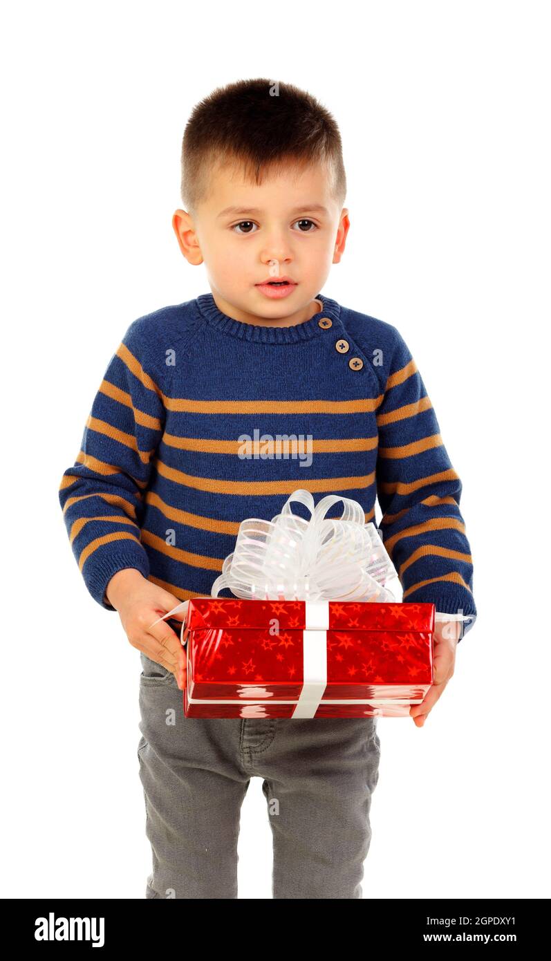 Small child with a red present isolated on a white background Stock ...