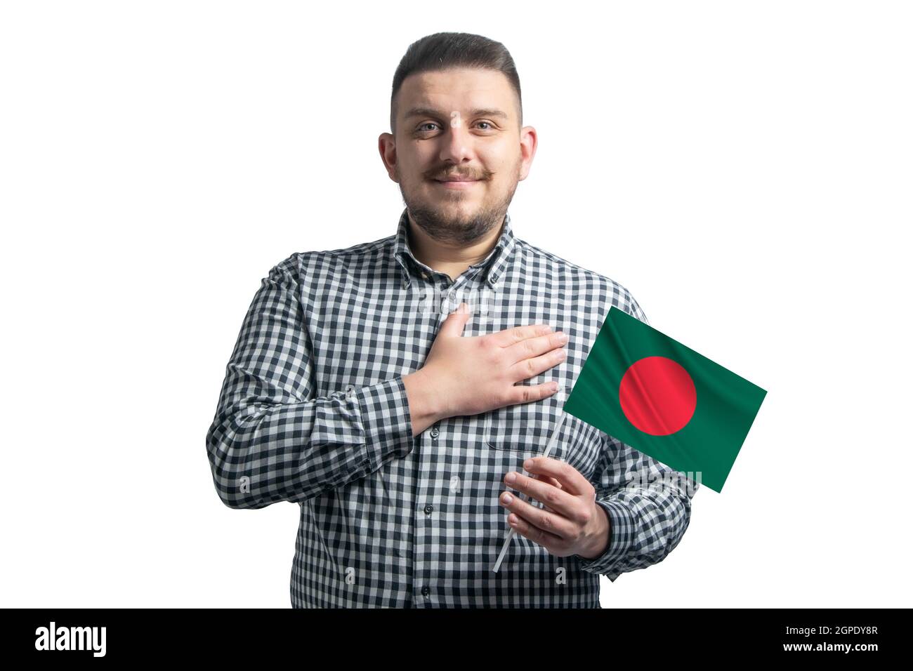 White guy holding a flag of Bangladesh and holds his hand on his heart ...