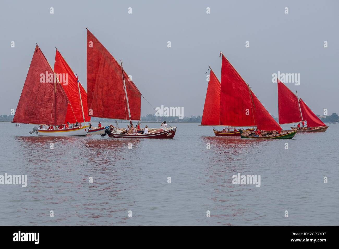 VENICE, ITALY - JUNE 20: Red regatta participants sail in the lagoon ...