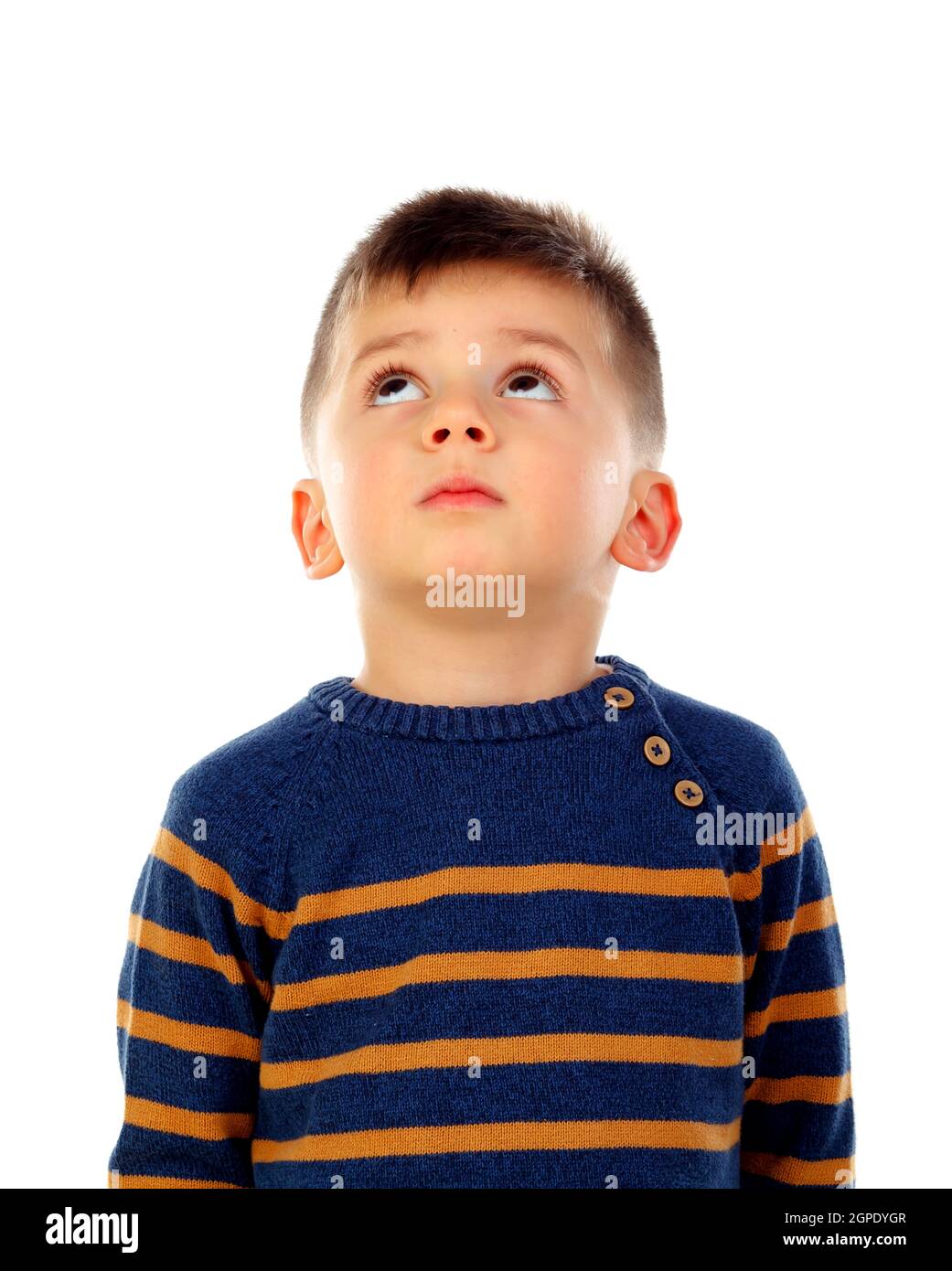 Pensive child with short hair isolated on a white background Stock ...