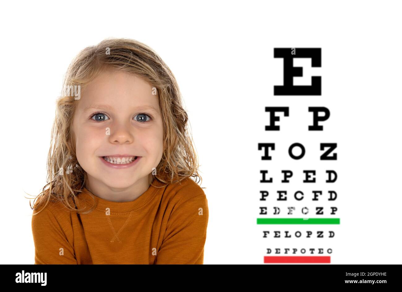 Child with a vision exam chart isolated on a white background Stock ...