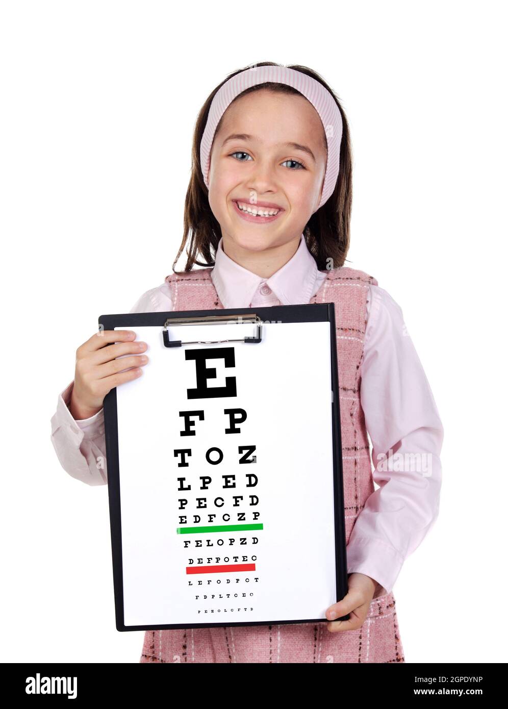 Beautiful child holding a vision exam chart isolated on a white ...