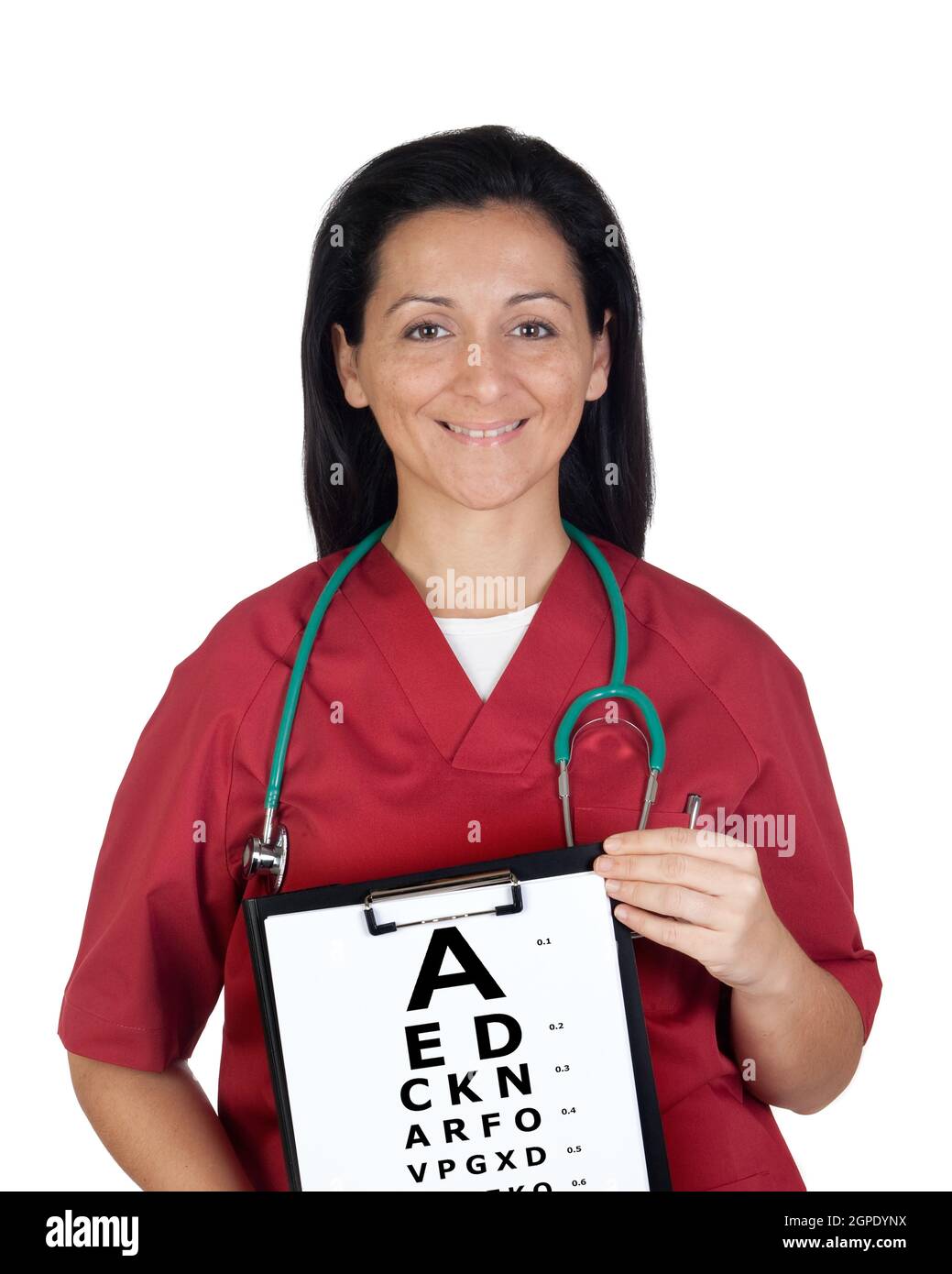 Oculist woman with a vision exam chart isolated on a white background ...