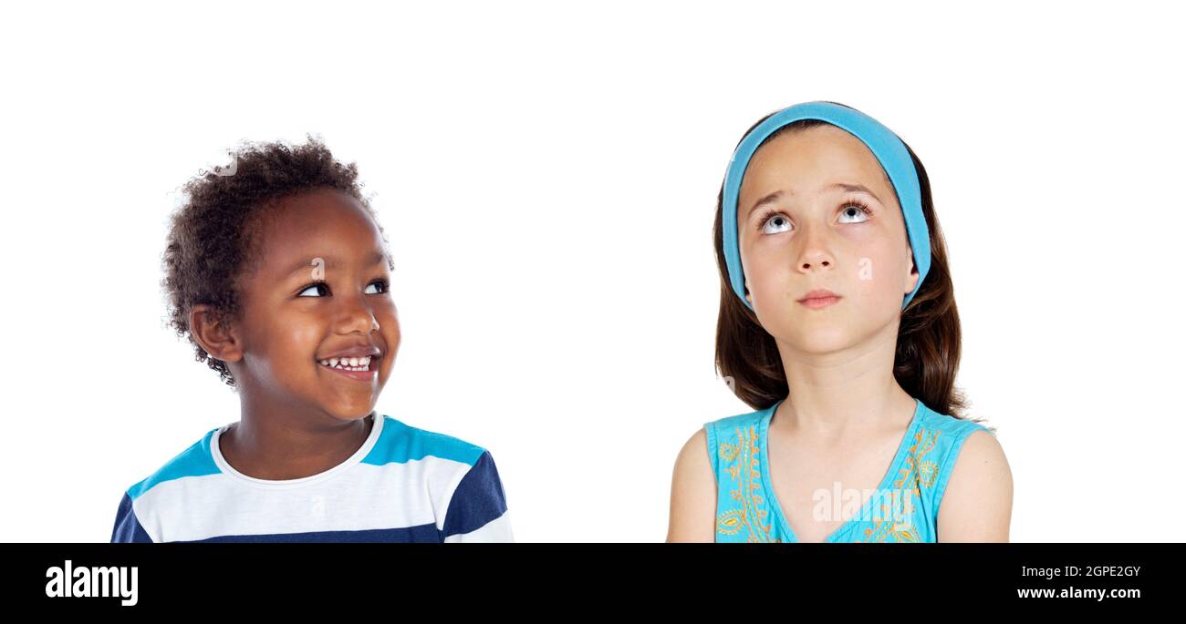 Classmates looking up isolated on a white background Stock Photo - Alamy