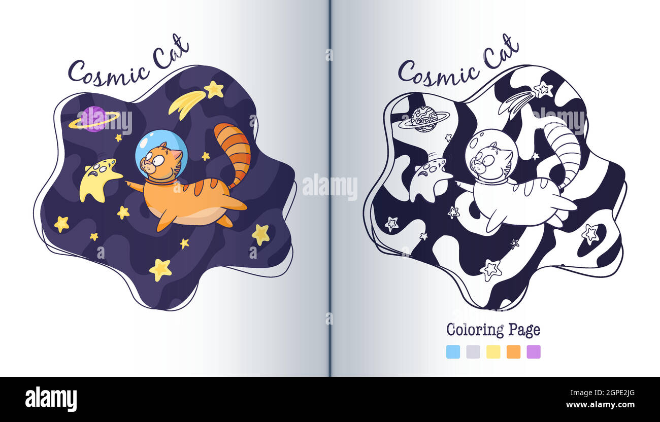 Cat Cosmonaut and Star Coloring Page. Cartoon Style. Hand Drawn animal ...
