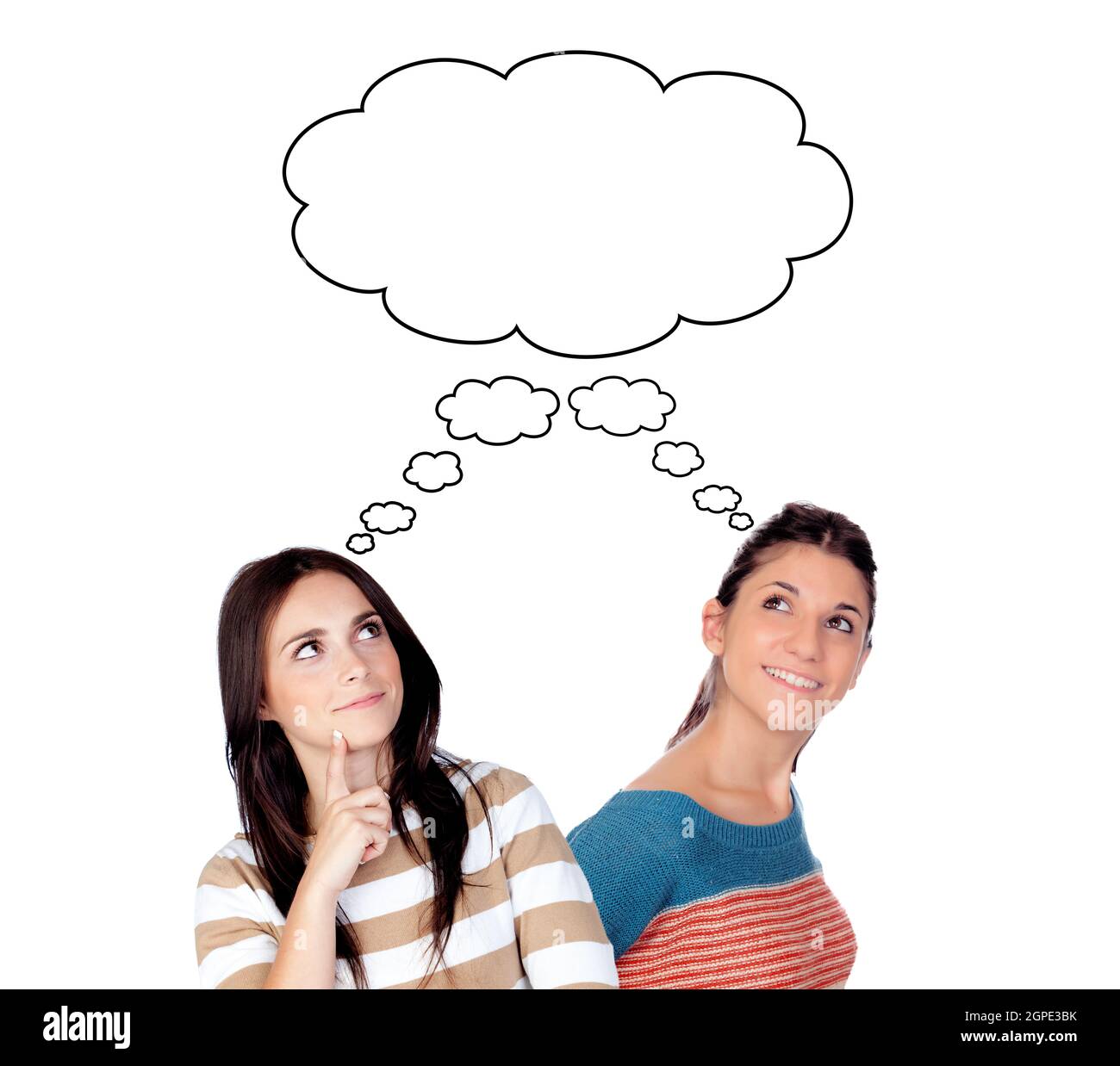Two young woman thinking about the same idea isolated on a white ...