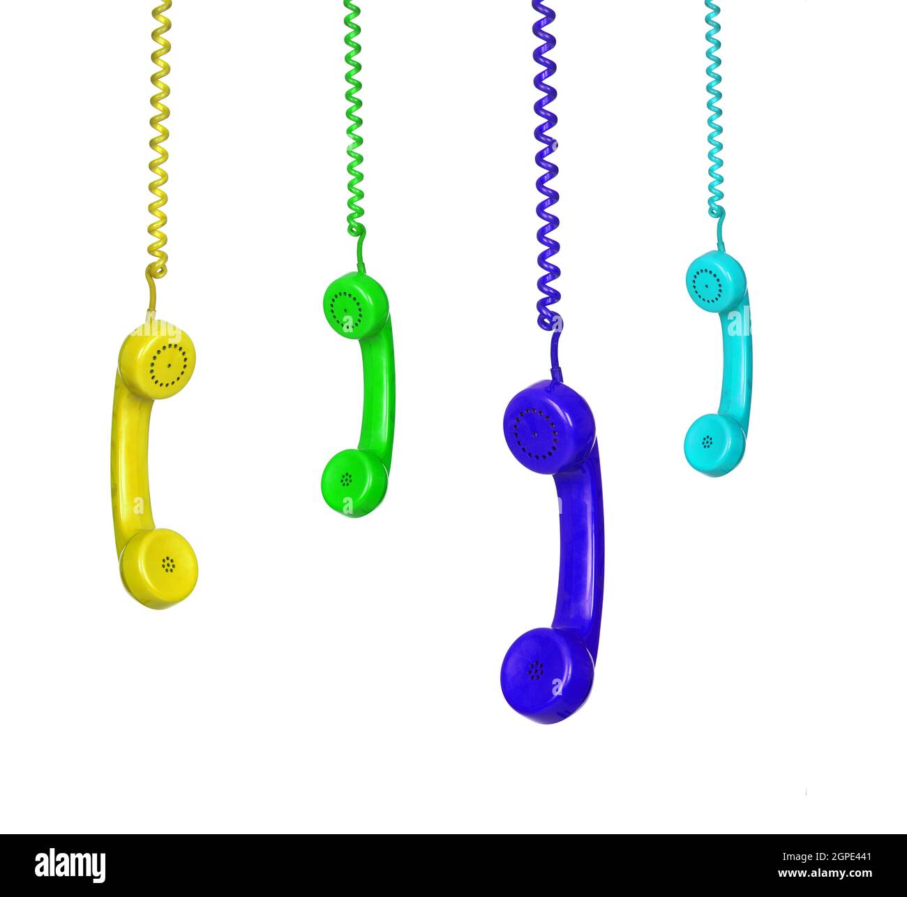 Four color phones hanging isolated on a white background with a ...