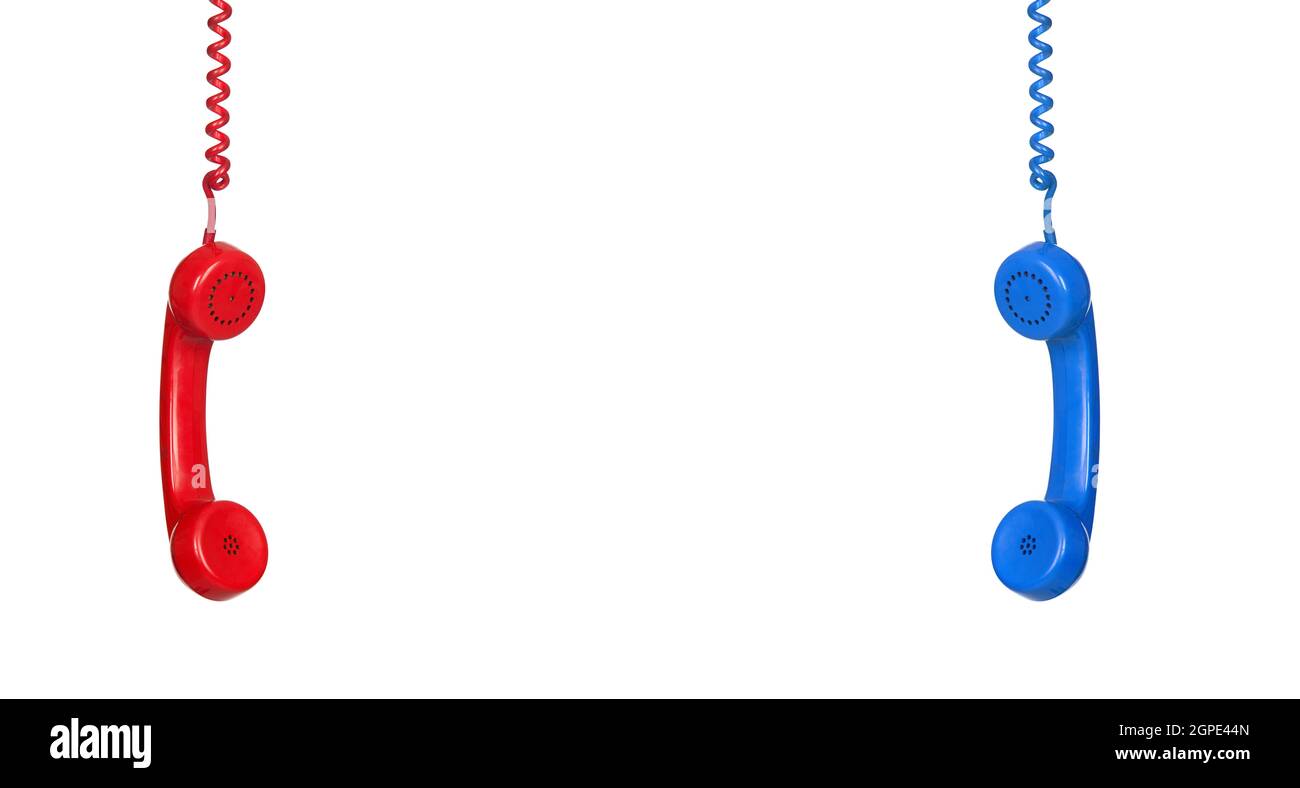 Colorful phones hanging from a cable isolated on a white background ...