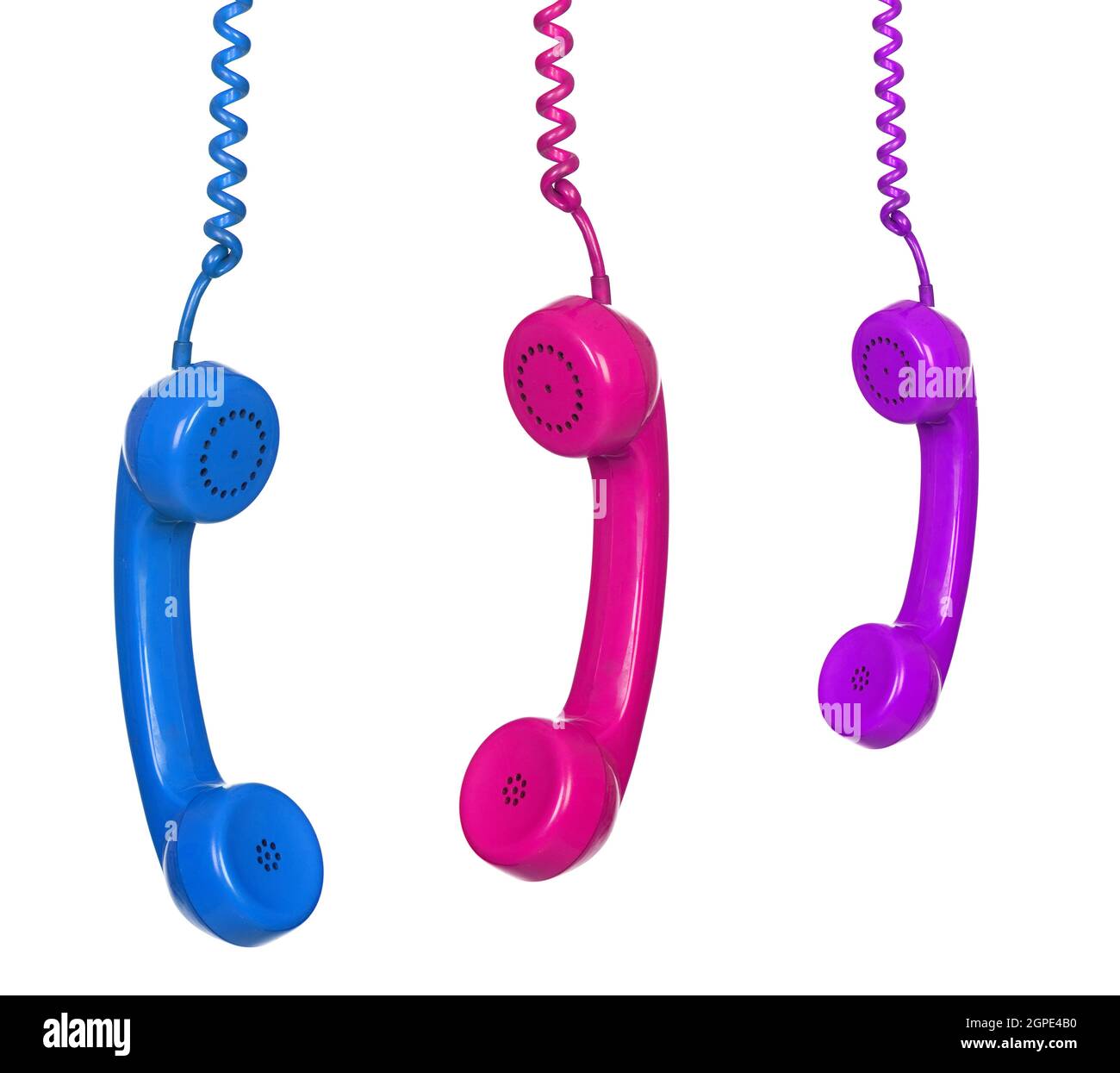 Three color phones hanging isolated on a white background with a ...