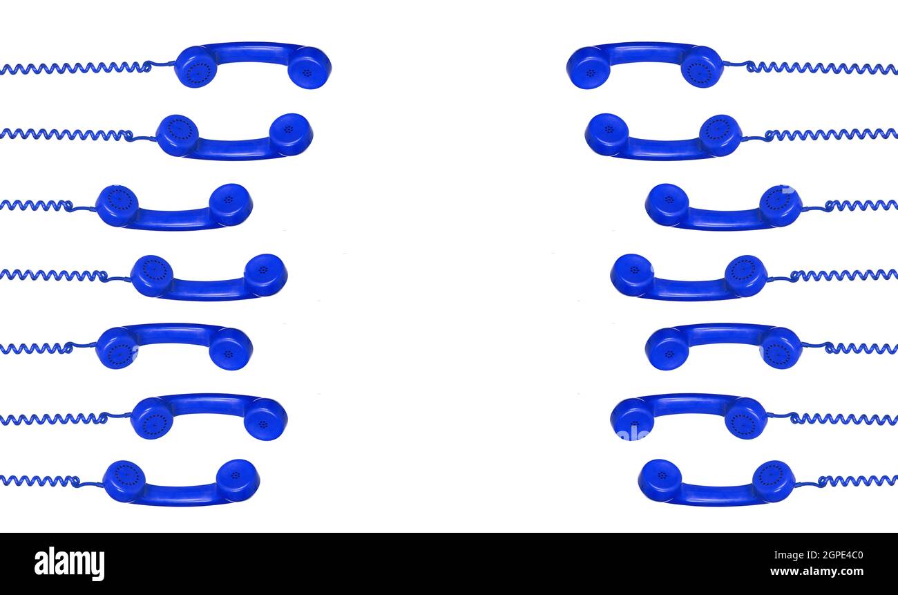 Blue phones hanging from a cable isolated on a white background Stock ...