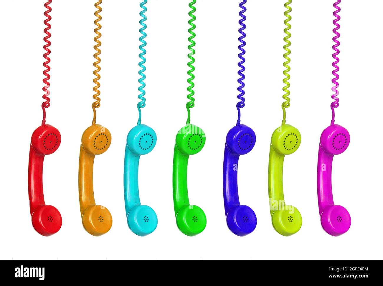 Colorful phones hanging from a cable isolated on a white background ...
