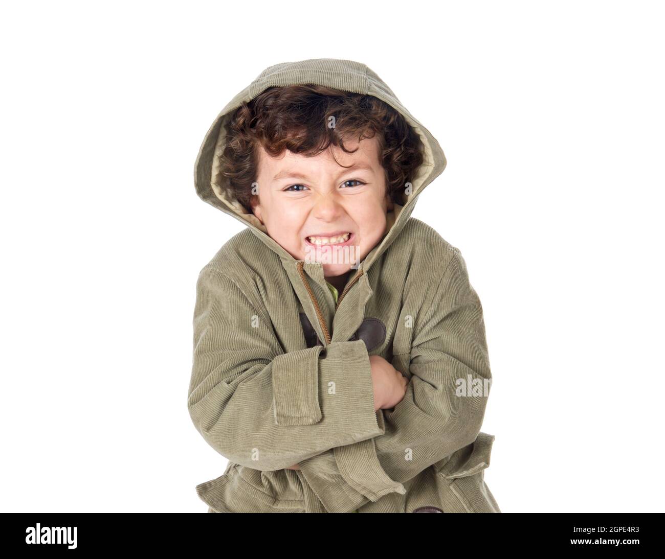 Very cold child wearing hooded coat isolate on a white background Stock ...