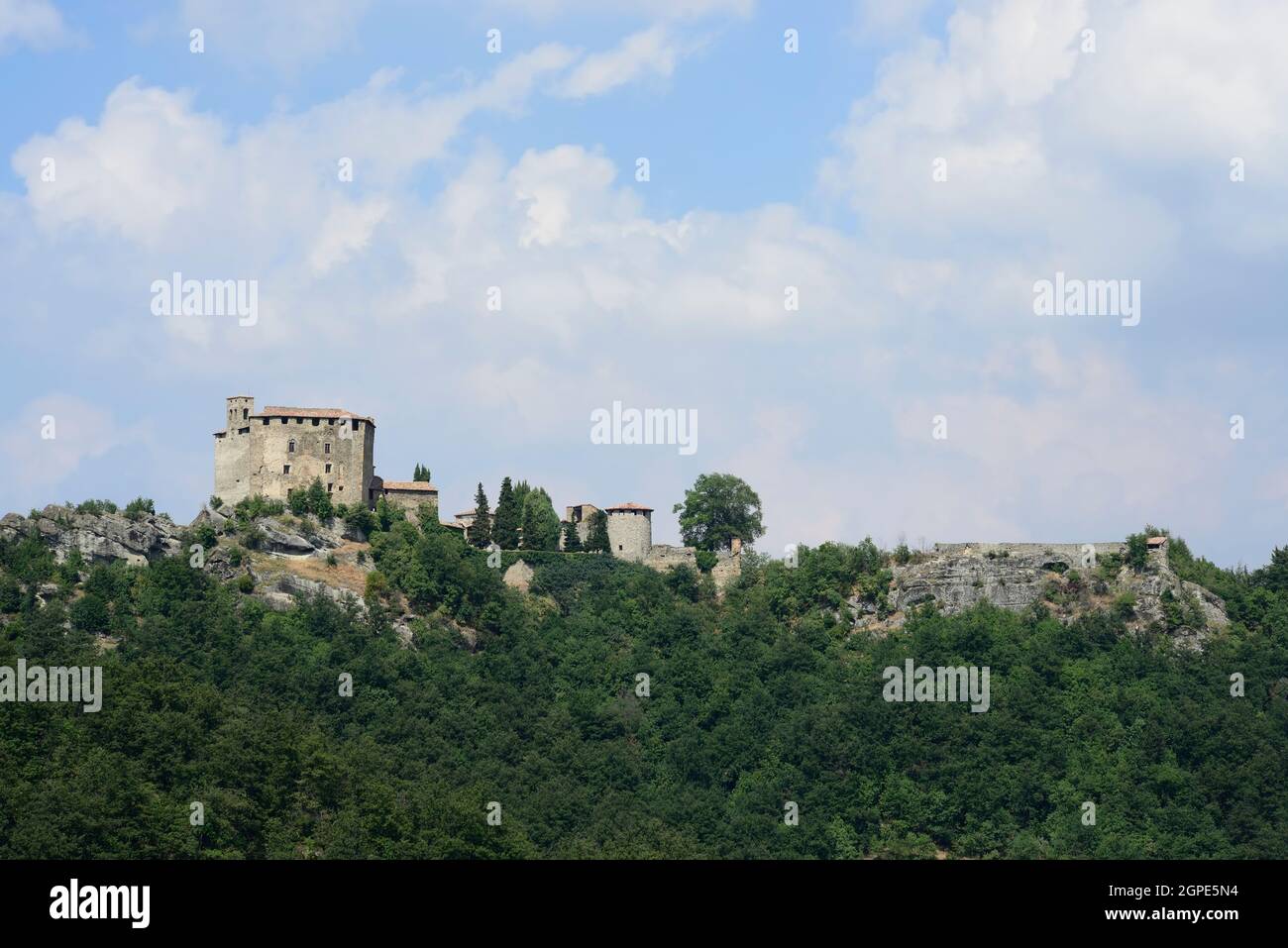 view of medieval fortification above a steep hill that defends the ...