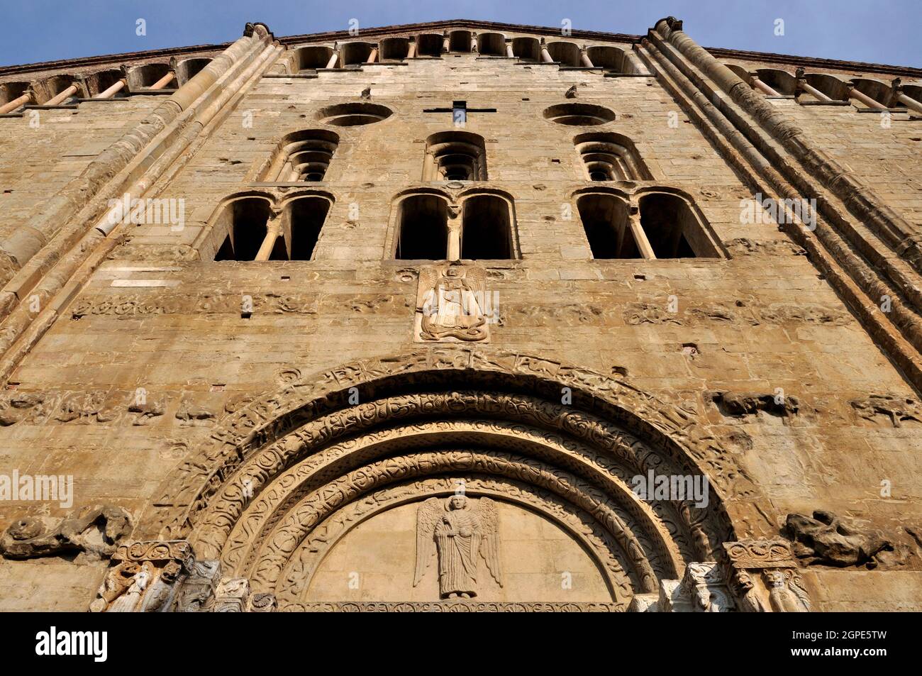 detail of romanesque main facade of the famous church in city center ...