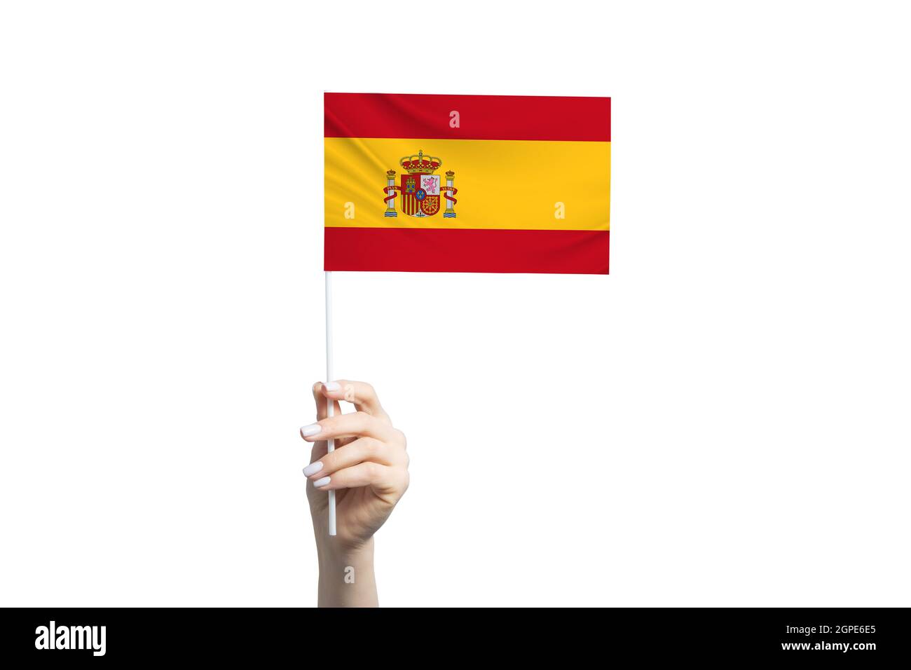 Beautiful female hand holding Spain flag, isolated on white background ...