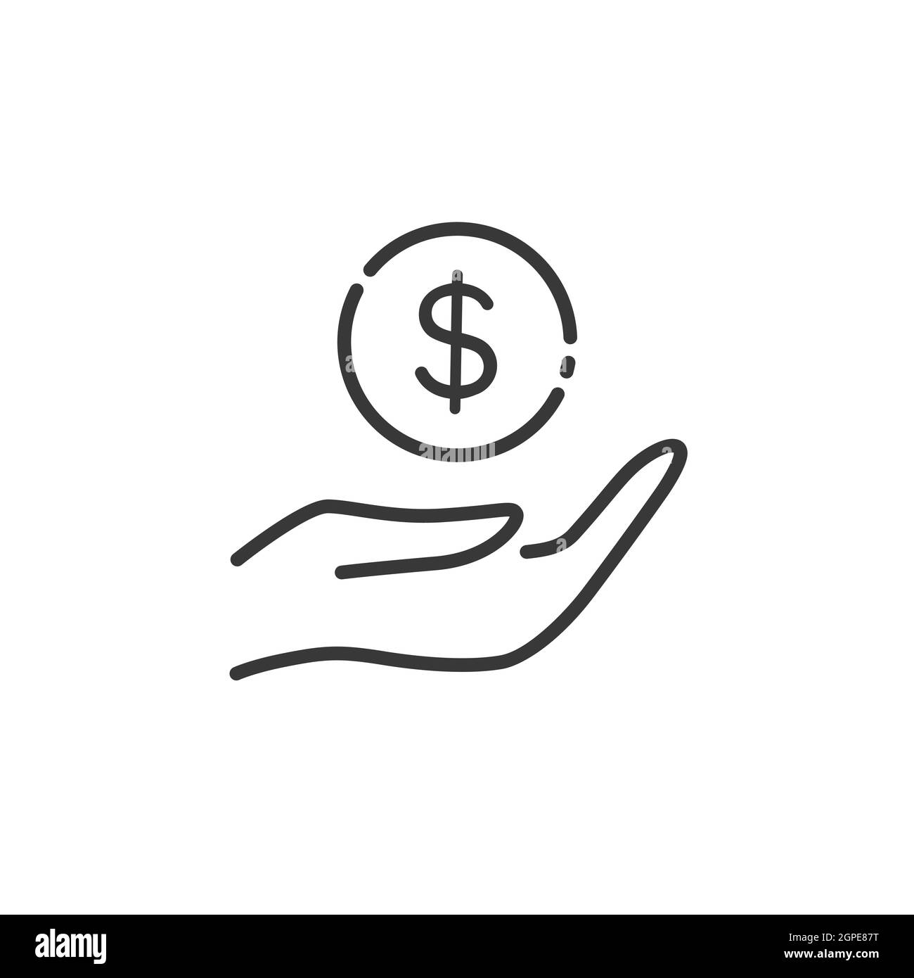 Hand hold dollar coin thin line icon. Cash money concept. Outline ...