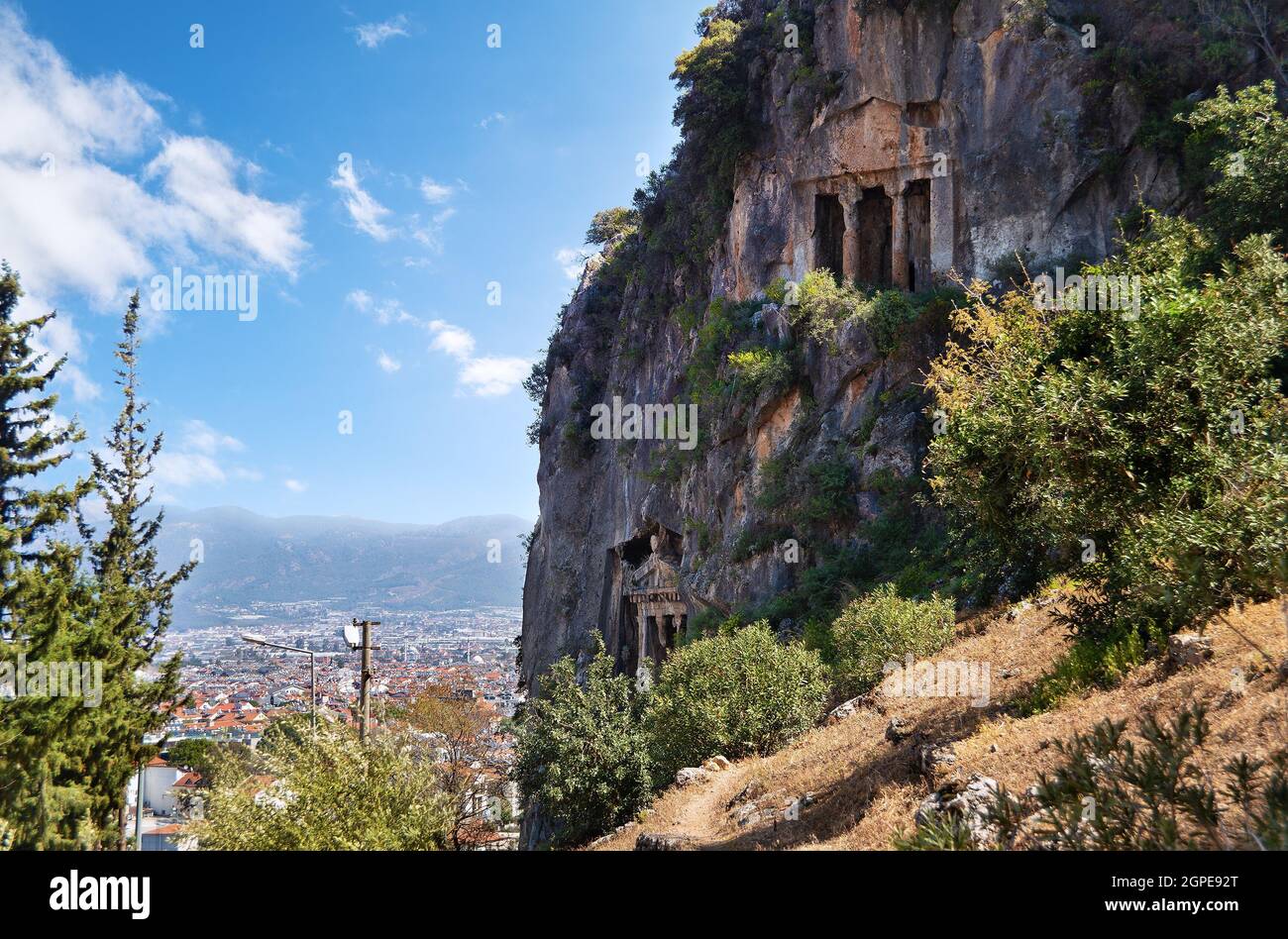 Ancient Lycian Rock Tomb in Telmessos Ancient City on mountain cliff ...