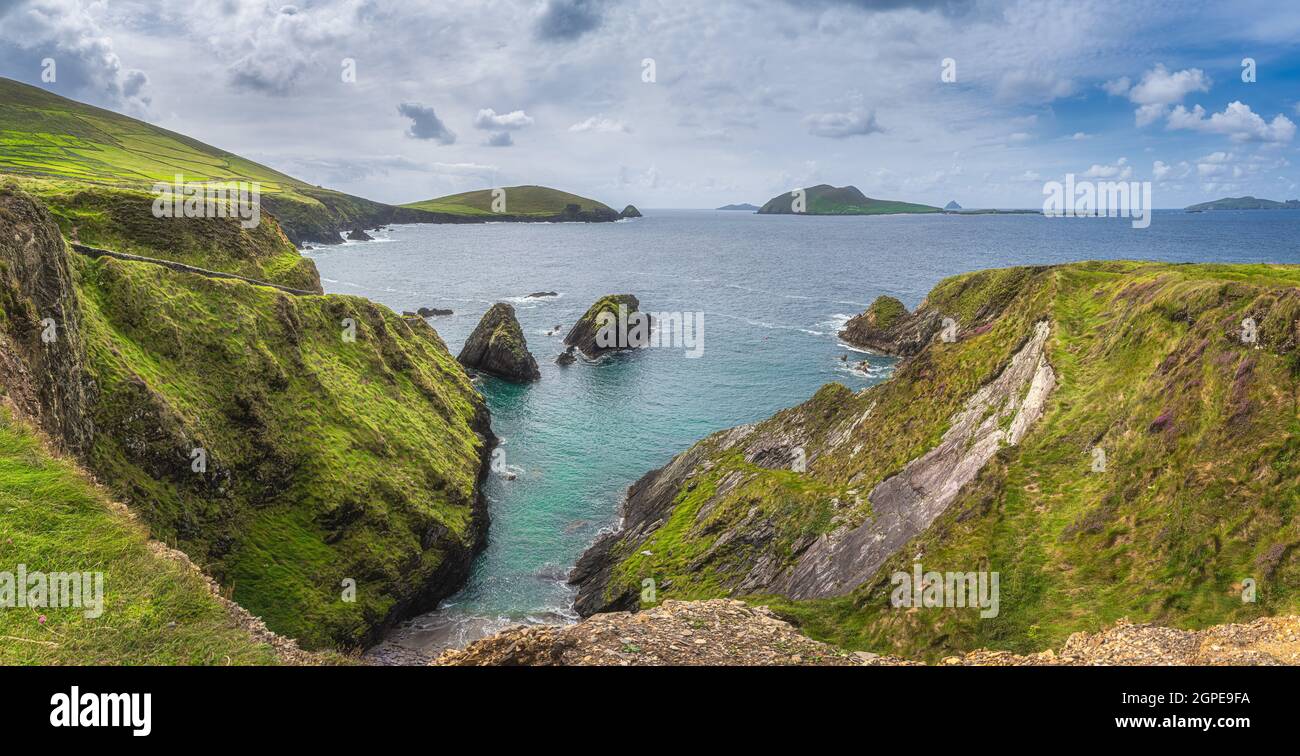 Beautiful panorama of tall cliffs, turquoise water and islands at ...