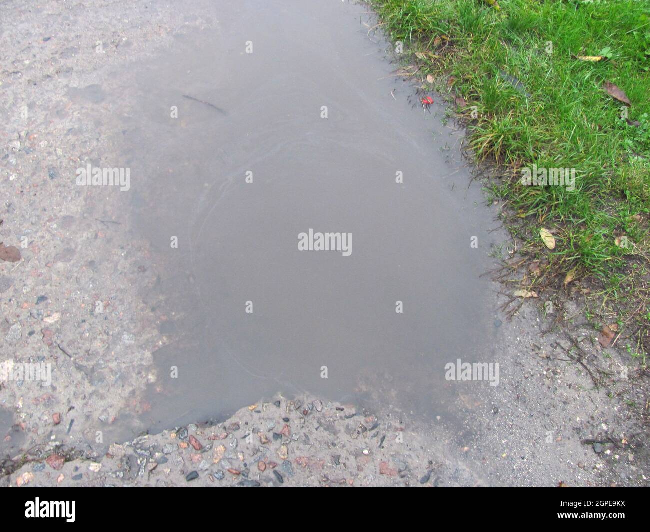 A puddle on a concrete road next to green grass Stock Photo - Alamy