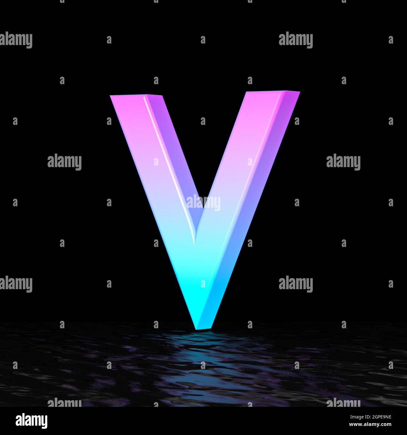 Cyan magenta font Letter V 3D render illustration isolated on black ...