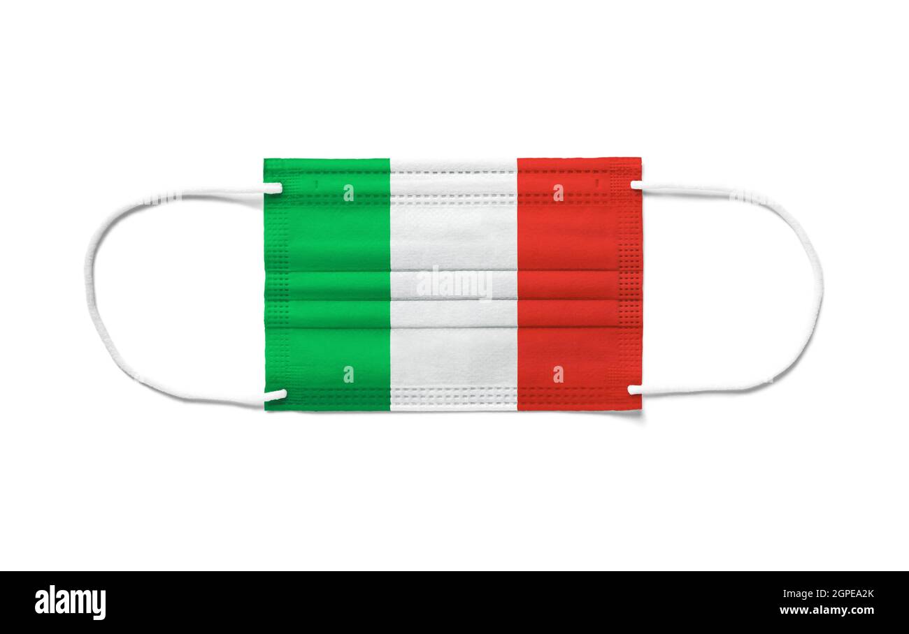 Flag of Italy on a disposable surgical mask. White background isolated ...