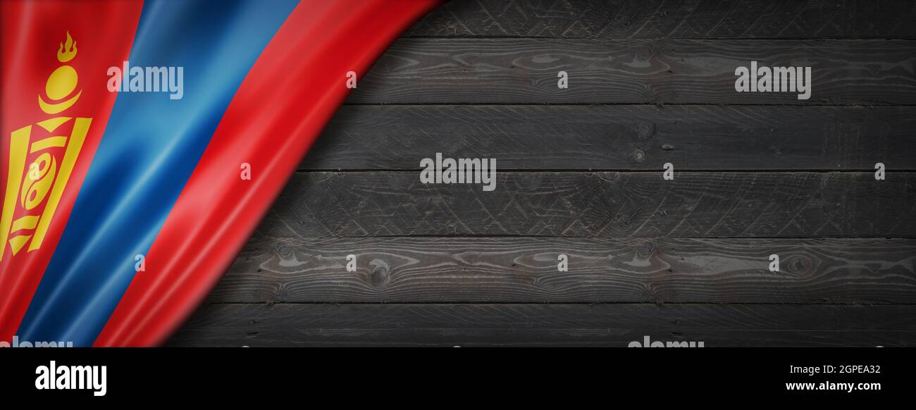 Mongolia flag on black wood wall. Horizontal panoramic banner Stock ...