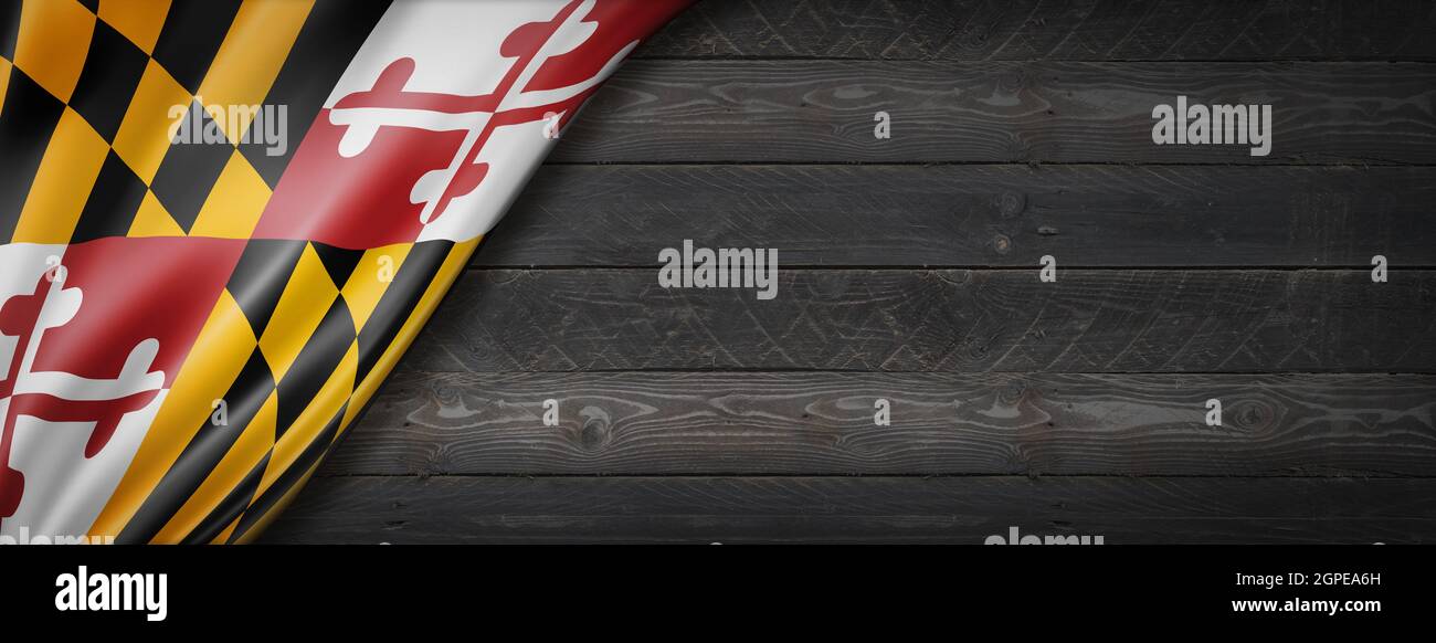 Maryland flag on black wood wall banner, USA. 3D illustration Stock ...