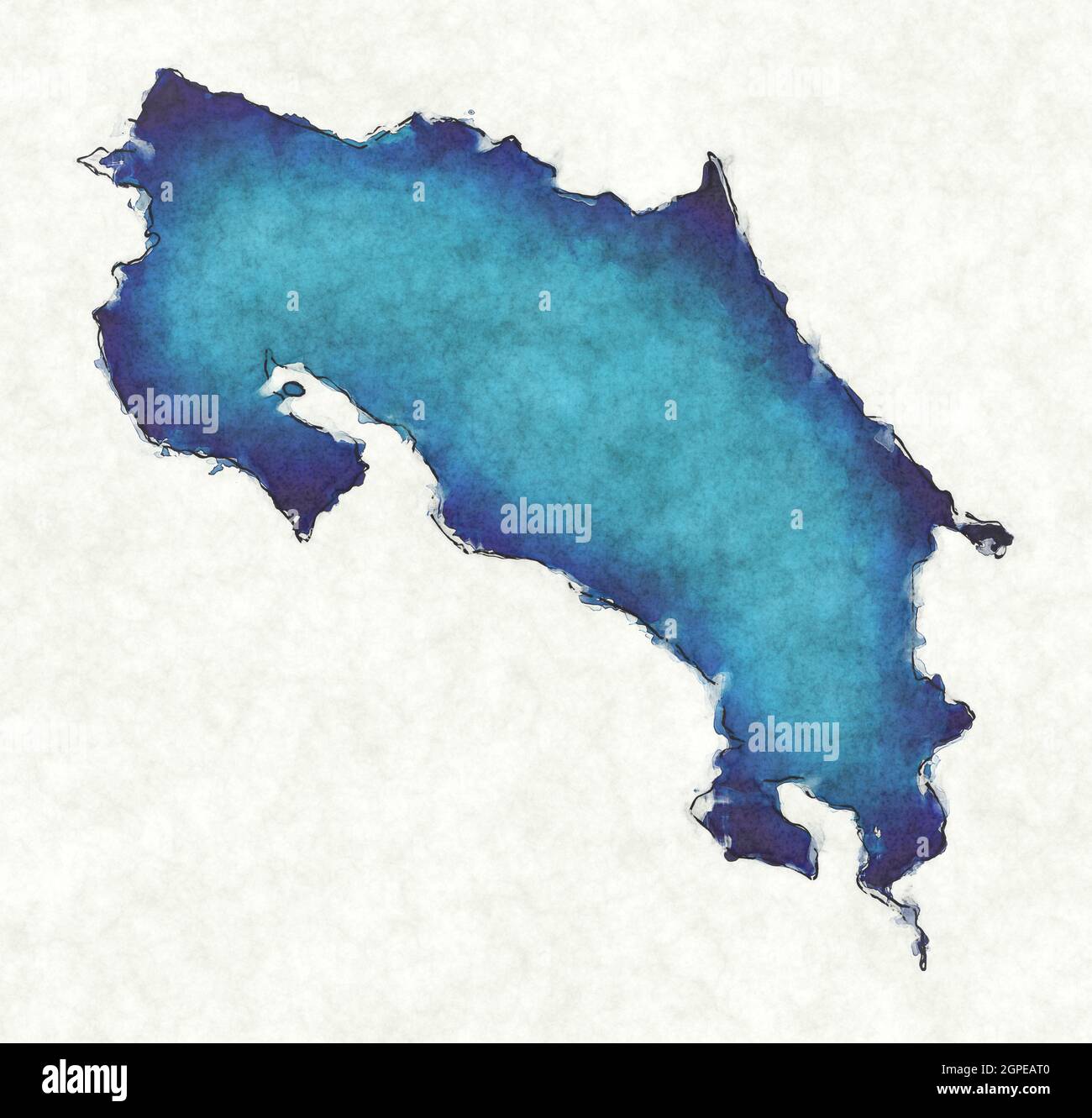 Costa Rica map with drawn lines and blue watercolor illustration Stock ...