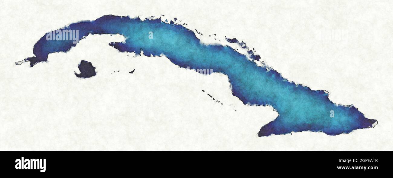 Cuba map with drawn lines and blue watercolor illustration Stock Photo ...
