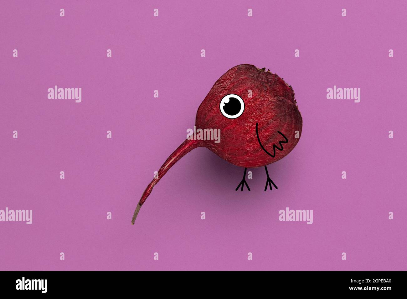 Contemporary art collage of cute and funny beetroot with bird drawings ...