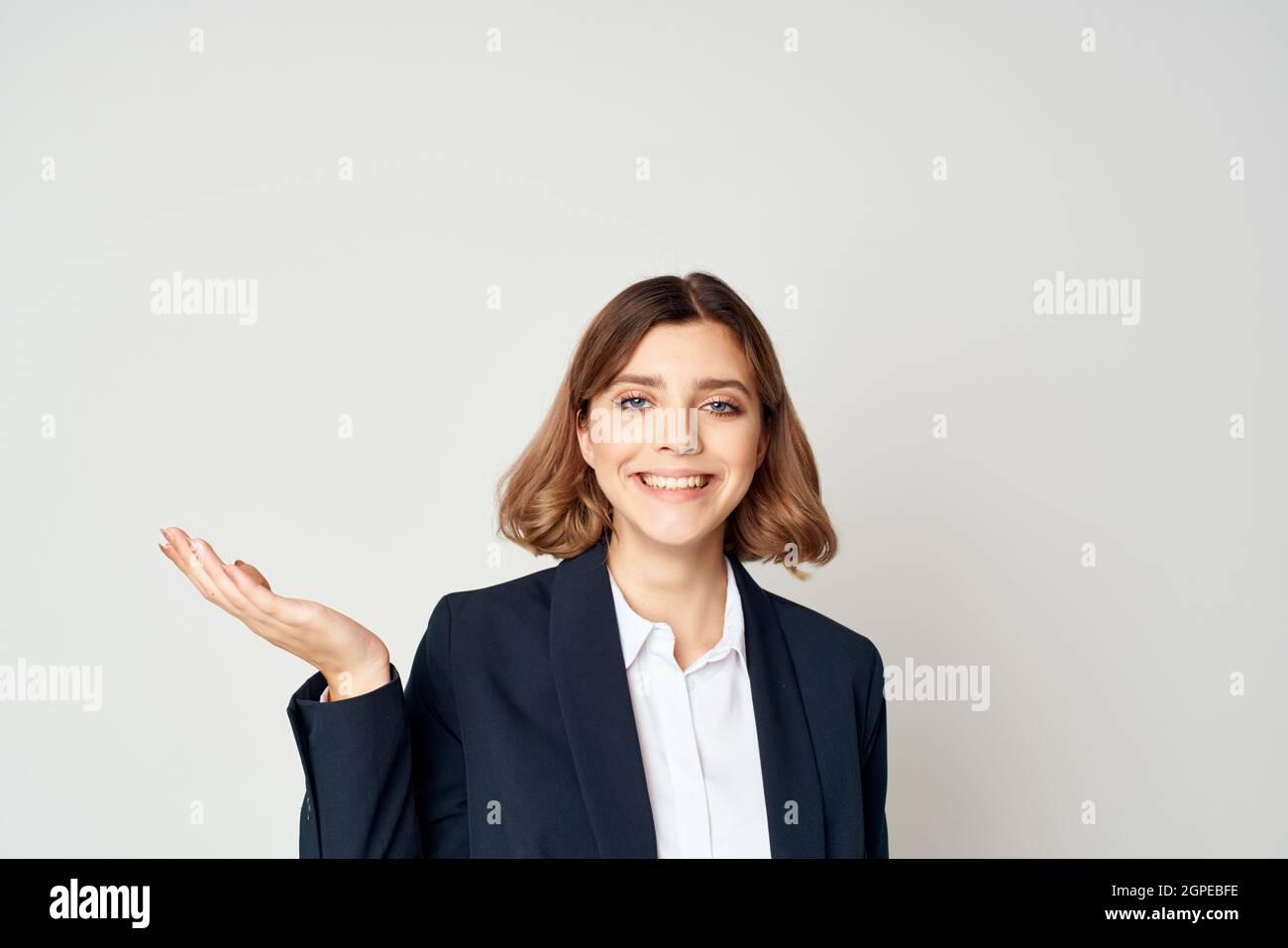 manager posing office work light background emotions Stock Photo - Alamy