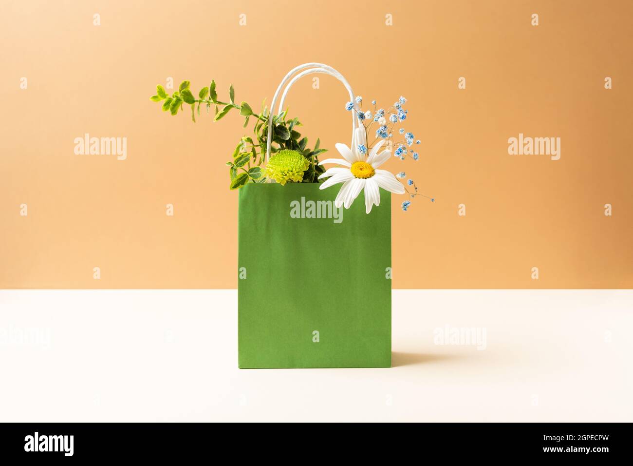Paper bag with beautiful summer garden flowers and plants on beige ...
