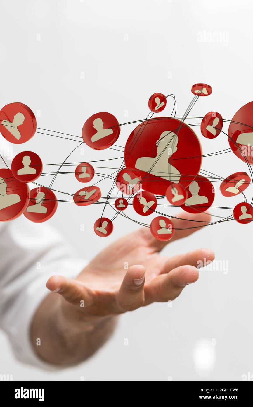 Vertical 3d rendering of human profile symbols on red circular desks in ...