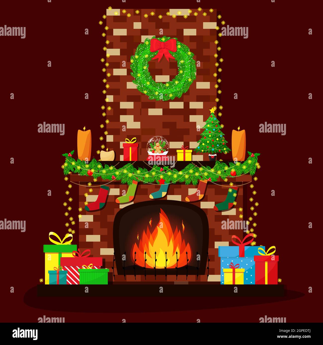 Christmas traditional home fireplace. Decorated with festive ornaments ...