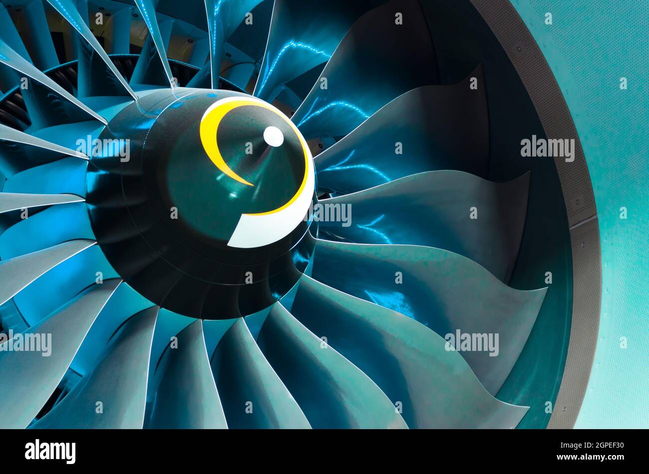 Airplane engine and blades with blue backlight Illumination close up ...