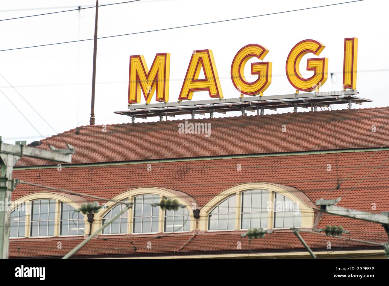 Lettering on the main building of the Maggi factory in Singen ...