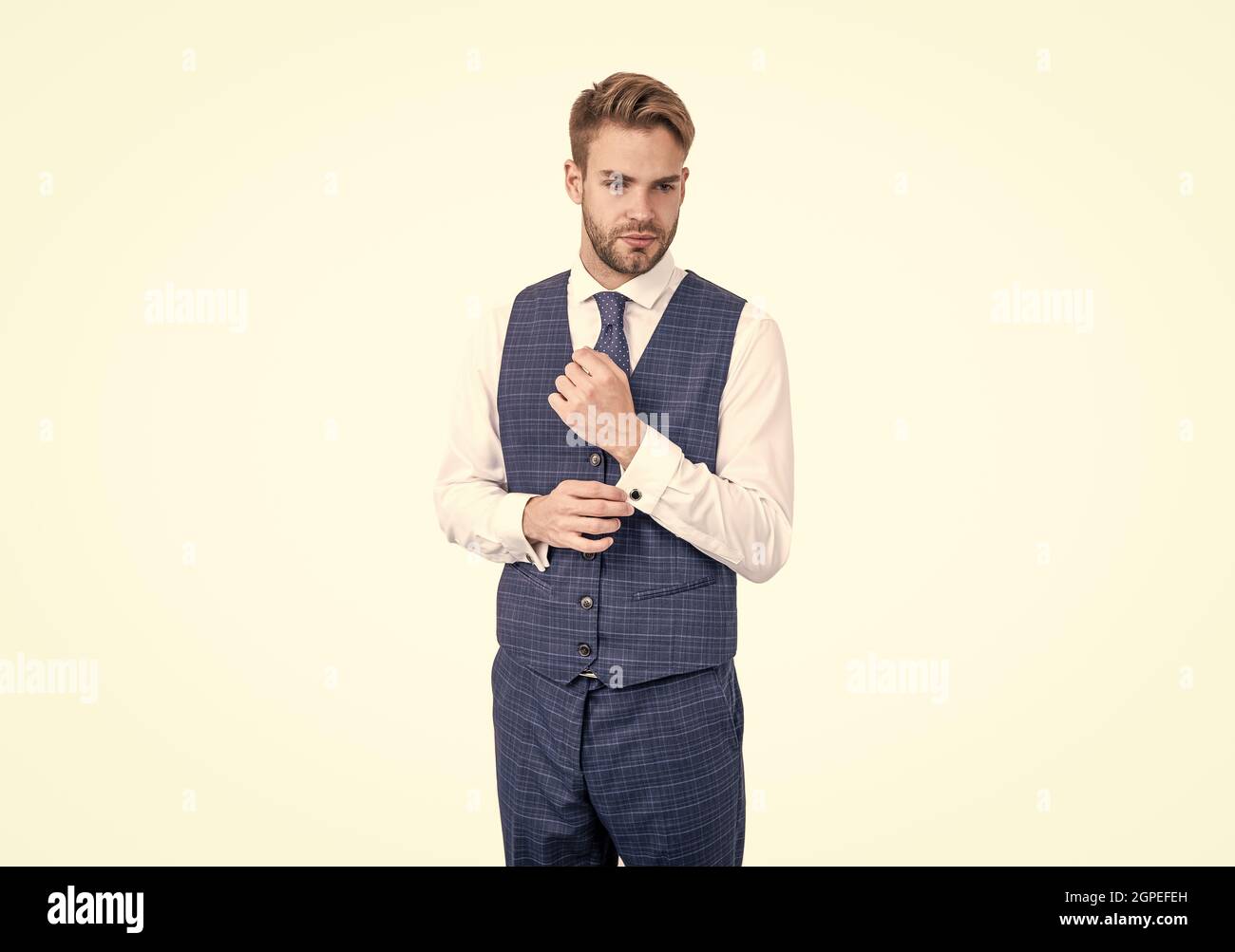 Serious white collar wear elegant waistcoat in formal fashion style ...