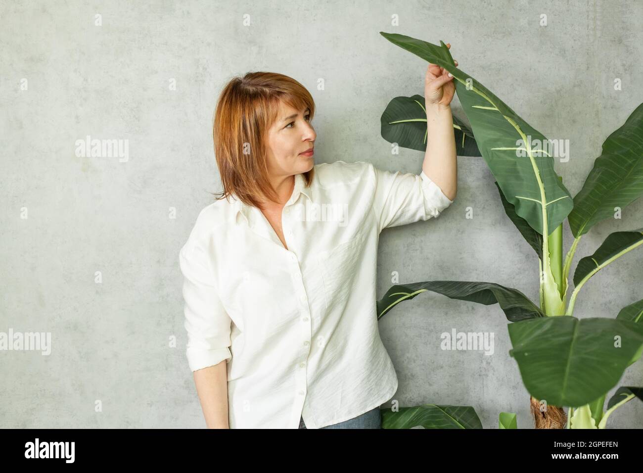 Professional ecologist mature woman with green plant Stock Photo - Alamy