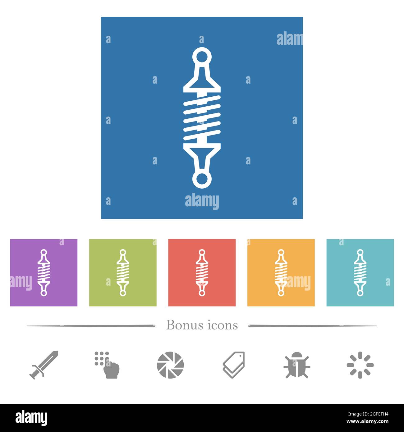 Shock absorber outline flat white icons in square backgrounds. 6 bonus ...