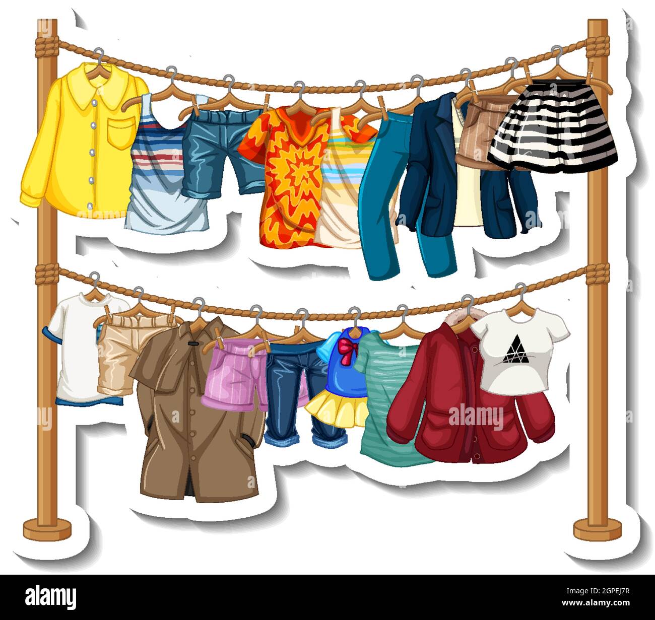 A sticker template of Clothes racks with many clothes on hangers on ...