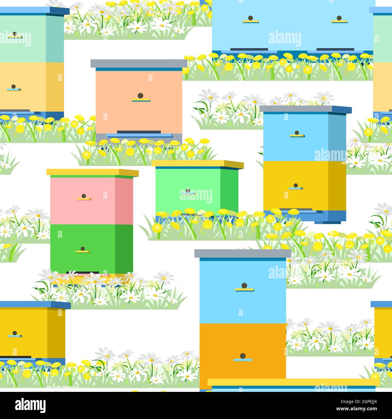 Apiary with bees and hives. In the meadow with grass and blooming ...