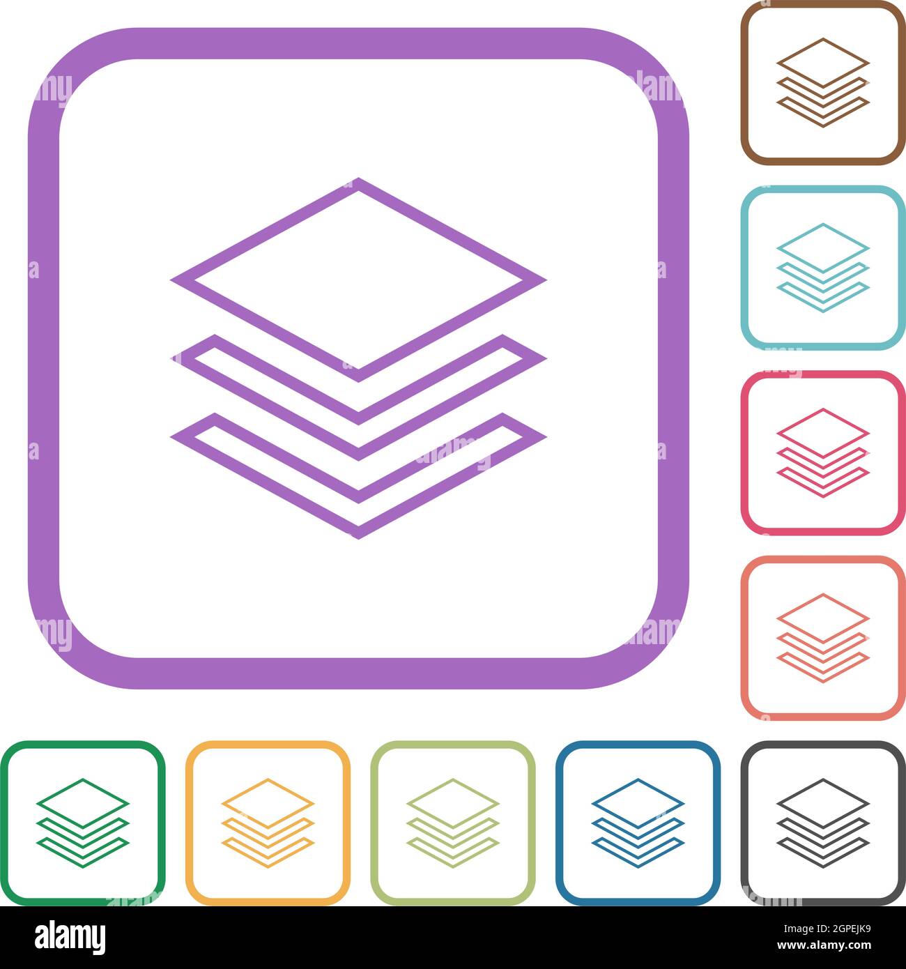 Layers outline simple icons in color rounded square frames on white ...