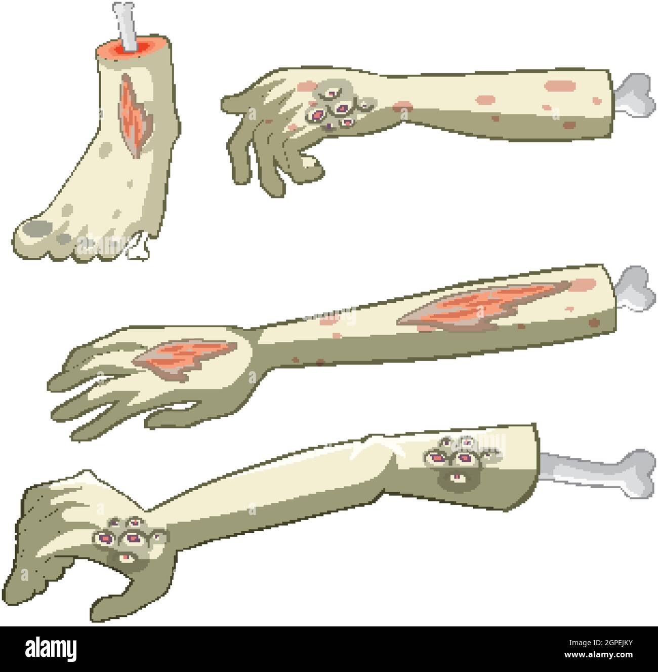 Creepy zombie body parts isolated on white background illustration ...