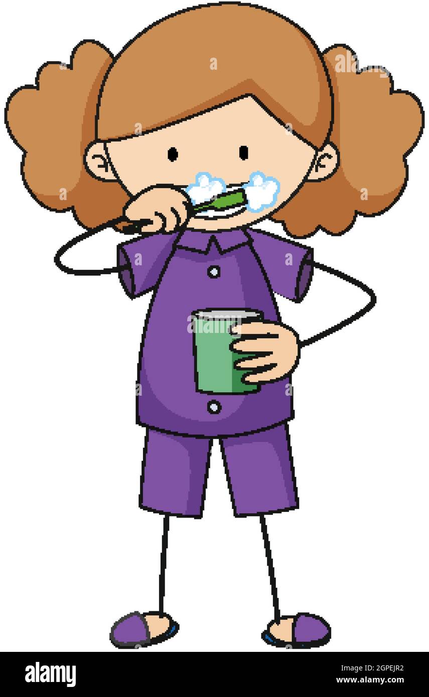Little girl brushing teeth doodle cartoon character isolated ...