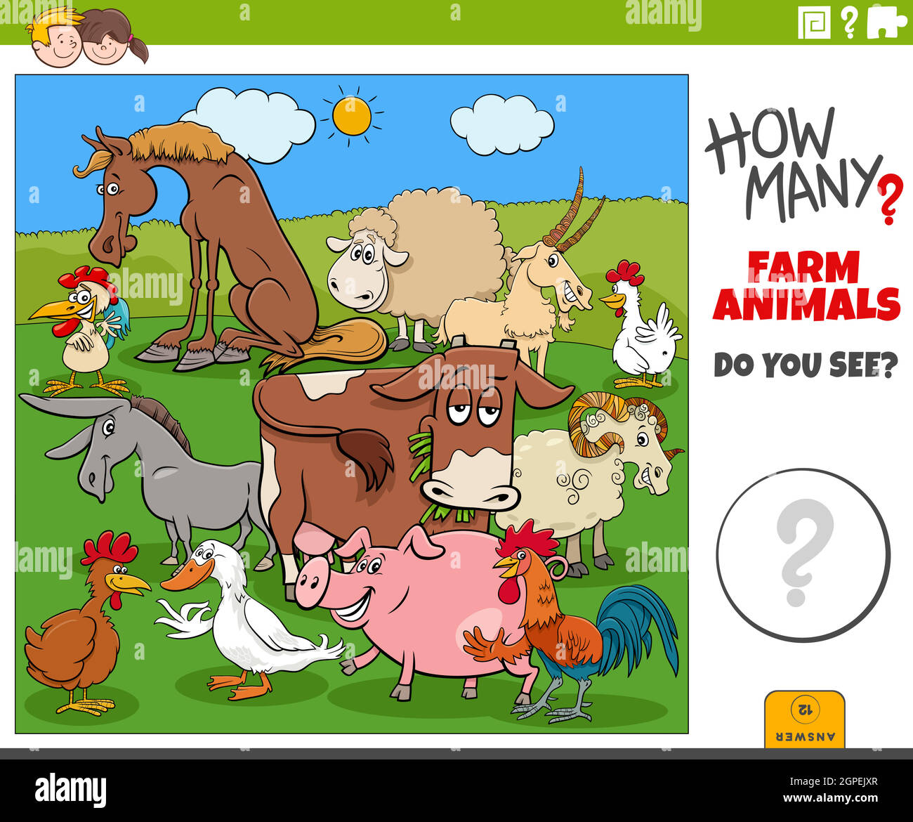 how many farm animals educational cartoon task for children Stock ...